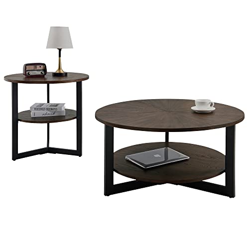 LEEMTORIG 33.5" Round Coffee Table with Storage, Farmhouse Coffee Table for Living Room, Solid Wood Circle Center Table, Rustic Brown Wood Tabletop & Metal Frame, KFZ-1338-NC