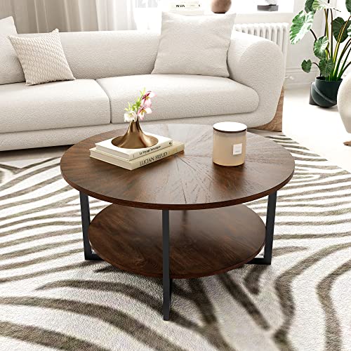 LEEMTORIG 33.5" Round Coffee Table with Storage, Farmhouse Coffee Table for Living Room, Solid Wood Circle Center Table, Rustic Brown Wood Tabletop & Metal Frame, KFZ-1338-NC