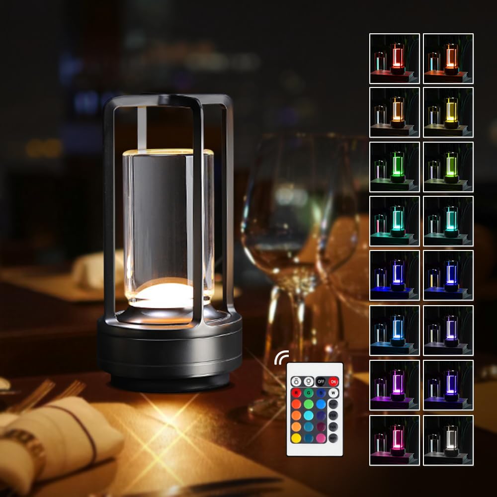 Portable Metal Desk Lamp,Cordless LED Table Lamp,16 Color Touch Control Rechargeable Lamp,Stepless Brightness Room Decor Desk Lamp,Bedside Lamp,Night Light, Dining Room Lamp (Black)