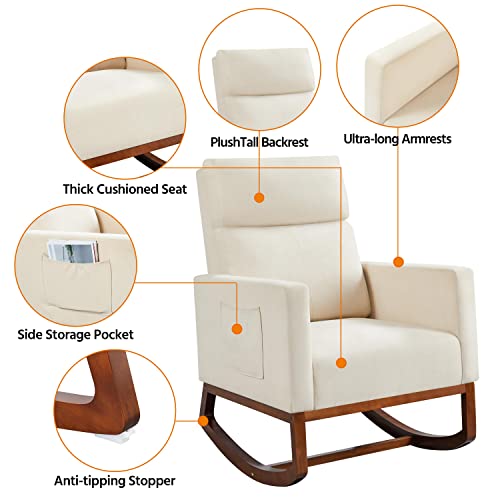 Yaheetech Rocking Chair Nursery Glider Chair with Rubber Wood Legs Side Pocket, Rocking Accent Armchair High Back for Bedroom, Beige