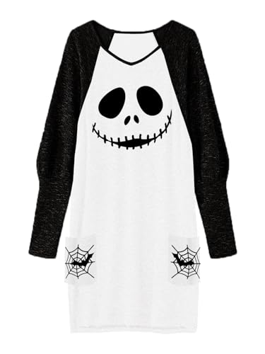 tiqwova Womens Plus Size Halloween Nightmare Before Christmas Sweatshirt, Oversized Shirt Dress for Women (E02-M)