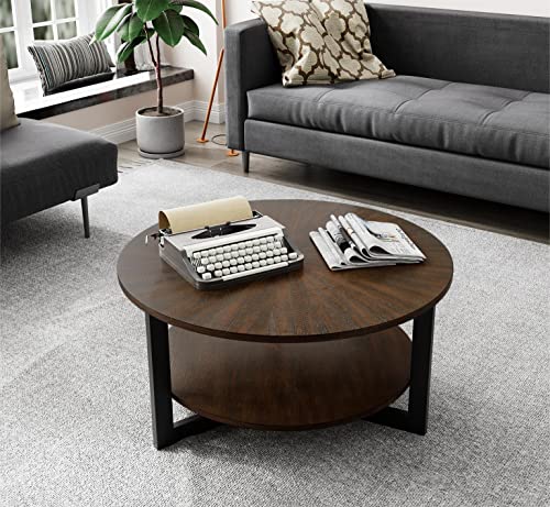 LEEMTORIG 33.5" Round Coffee Table with Storage, Farmhouse Coffee Table for Living Room, Solid Wood Circle Center Table, Rustic Brown Wood Tabletop & Metal Frame, KFZ-1338-NC