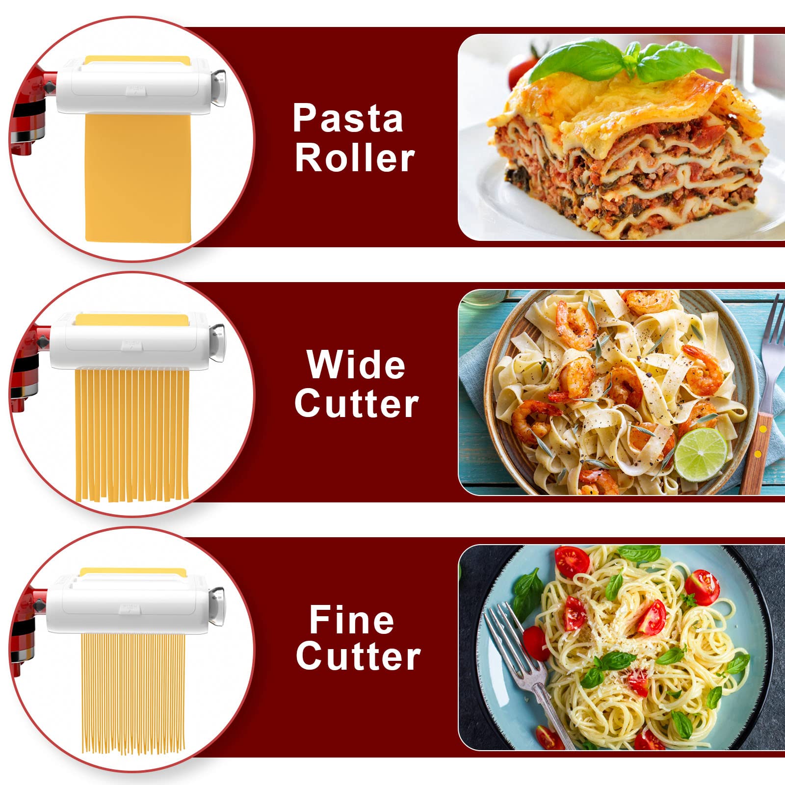 Pasta Maker 3-in-1 Attachment for KitchenAid Stand Mixers, Including Fettuccine and Spaghetti Cutter, Pasta Sheet Roller, Pasta Maker Accessories and Cleaning Brush