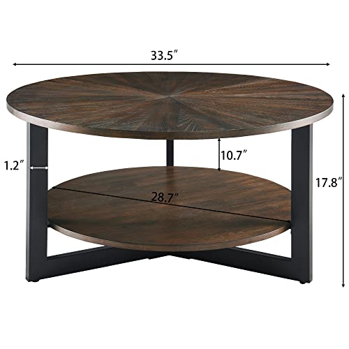 LEEMTORIG 33.5" Round Coffee Table with Storage, Farmhouse Coffee Table for Living Room, Solid Wood Circle Center Table, Rustic Brown Wood Tabletop & Metal Frame, KFZ-1338-NC
