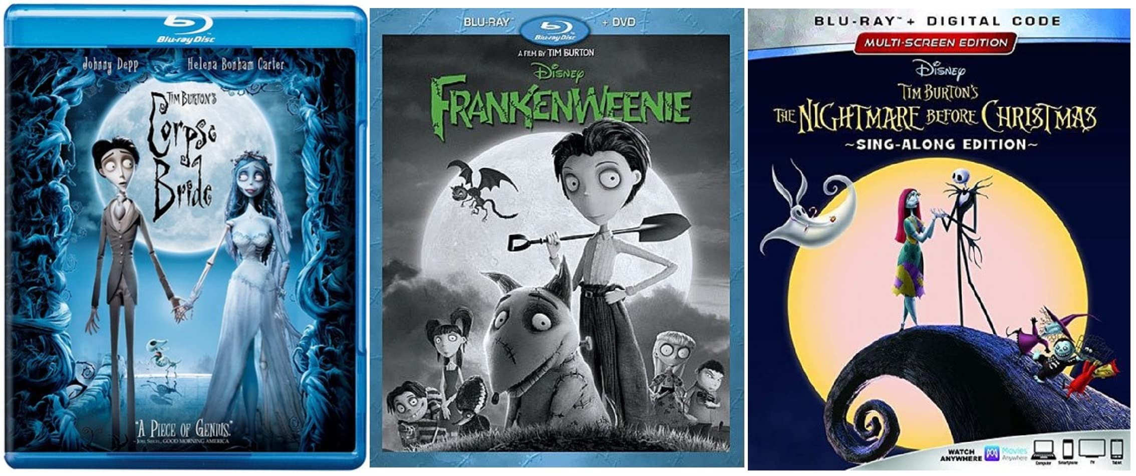 Tim Burton Animated Triple Feature Corpse Bride + Frankenweenie + Nightmare Before Christmas 3 Movie Blu Ray Bundle Disney with Magic Kingdom Art Card