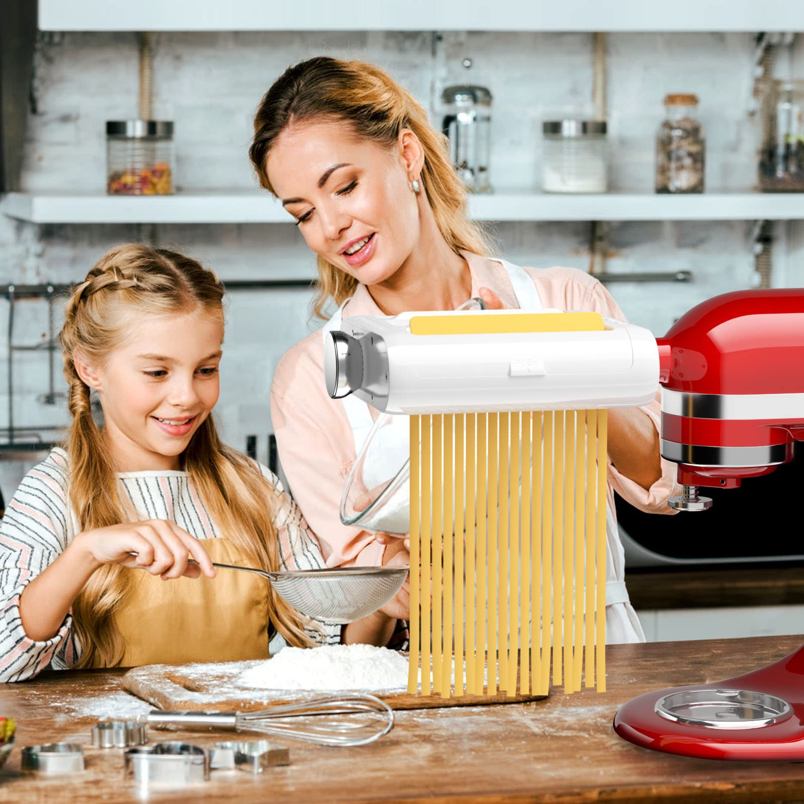 Pasta Maker 3-in-1 Attachment for KitchenAid Stand Mixers, Including Fettuccine and Spaghetti Cutter, Pasta Sheet Roller, Pasta Maker Accessories and Cleaning Brush