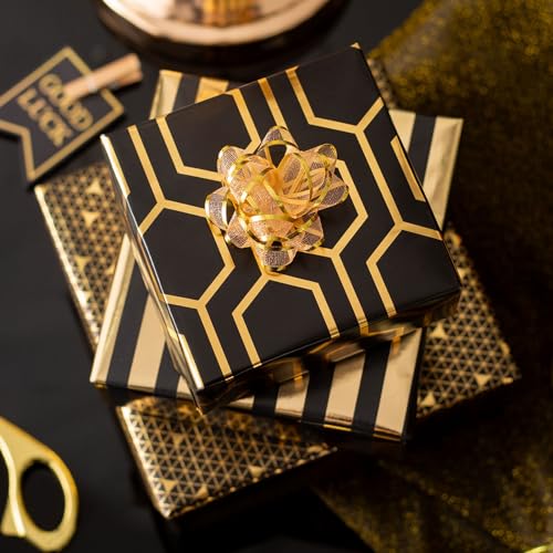 Homeral Wrapping Paper Roll Set-42.5sqft-Gold Foil Stripe, Geometric Patterns on Black Luxury Gift Wrap for Wedding, Bridal Shower, Birthday-17 x 120 inch Per Roll