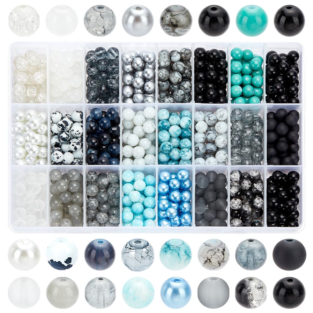 PH PandaHall 720pcs 8mm Round Glass Beads, 24 Color Black Bracelet Beads Marble Loose Beads Crystal Spacers for Men Bracelet Earring Necklace Jewelry Making Halloween Eid Mubarak Ramadan Decoration