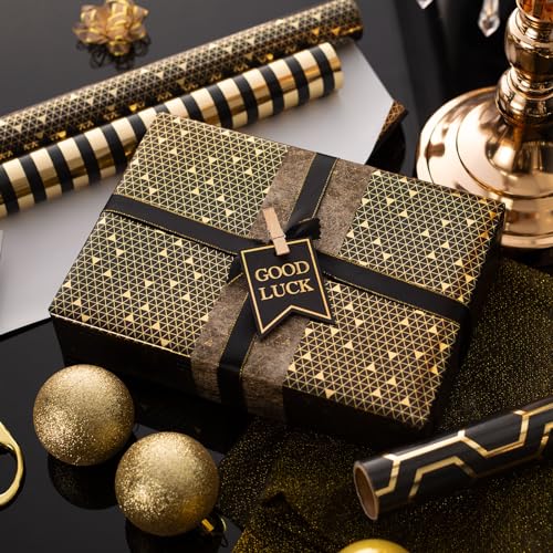 Homeral Wrapping Paper Roll Set-42.5sqft-Gold Foil Stripe, Geometric Patterns on Black Luxury Gift Wrap for Wedding, Bridal Shower, Birthday-17 x 120 inch Per Roll