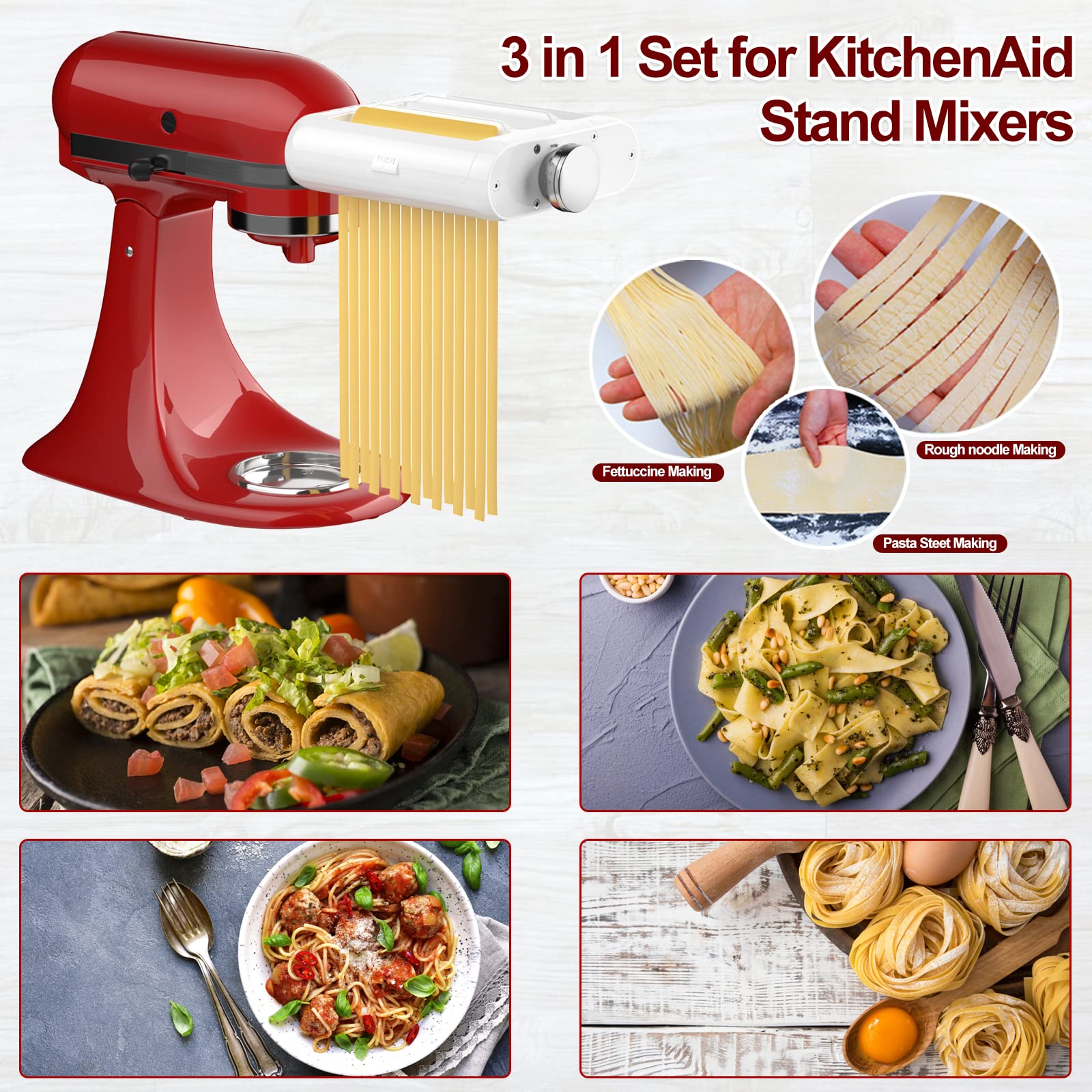 Pasta Maker 3-in-1 Attachment for KitchenAid Stand Mixers, Including Fettuccine and Spaghetti Cutter, Pasta Sheet Roller, Pasta Maker Accessories and Cleaning Brush