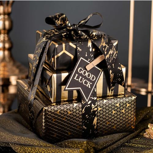 Homeral Wrapping Paper Roll Set-42.5sqft-Gold Foil Stripe, Geometric Patterns on Black Luxury Gift Wrap for Wedding, Bridal Shower, Birthday-17 x 120 inch Per Roll