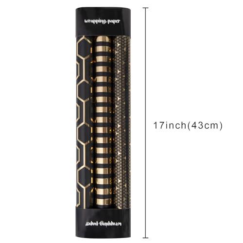 Homeral Wrapping Paper Roll Set-42.5sqft-Gold Foil Stripe, Geometric Patterns on Black Luxury Gift Wrap for Wedding, Bridal Shower, Birthday-17 x 120 inch Per Roll