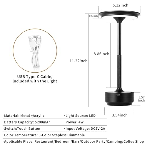 HAPYGI Rechargeable Cordless LED Table Lamps Touch Sensor Light, 3-Levels Portable Dimming Wireless Battery Operated Lamp，Nightstand Lamp/Night Light/Restaurant Table/Outdoor/Coffee/Bar (Black)…