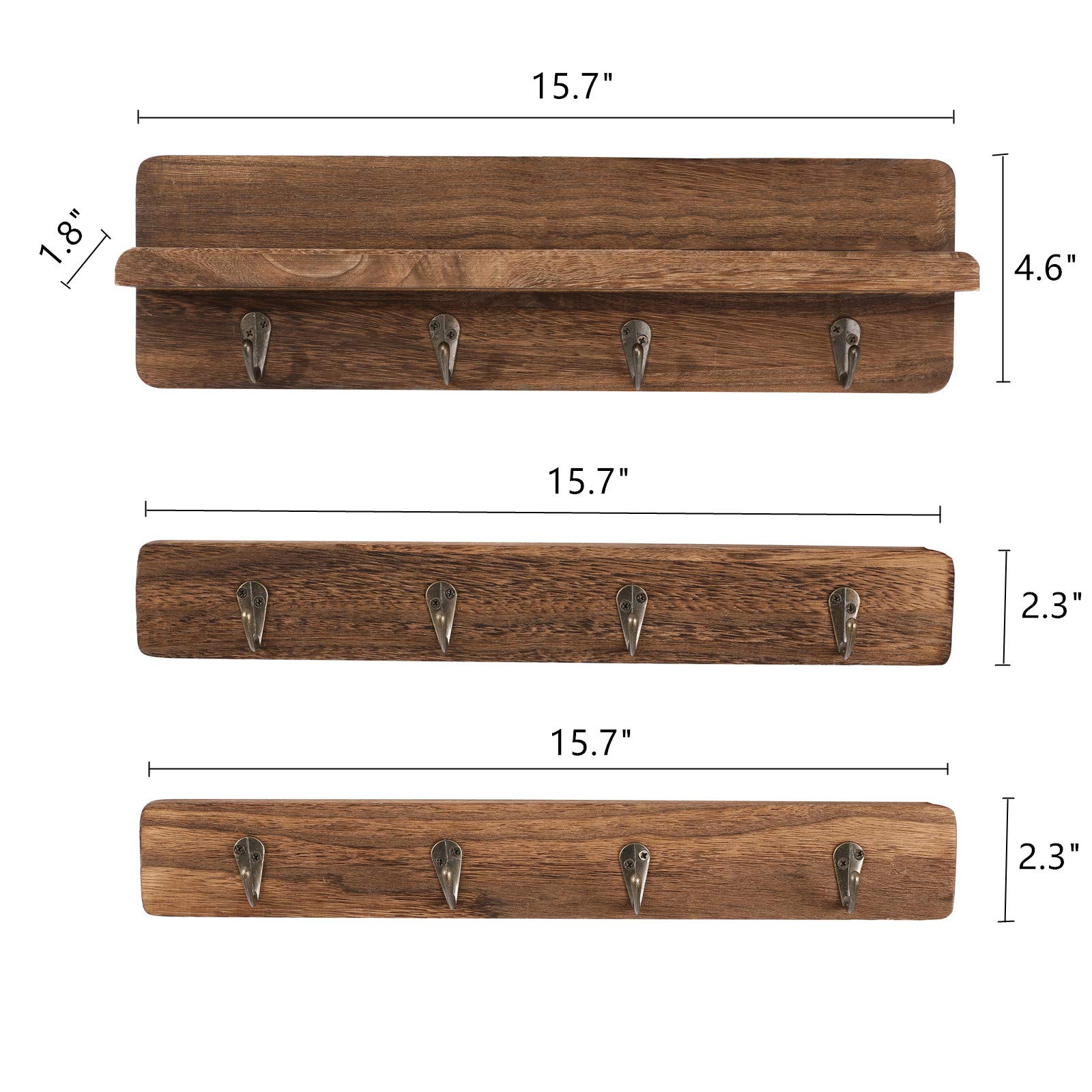 YCOCO Coffee Mug Holder,Rustic Wood Wall Mounted Coffee Mug Rack with 12 Hooks and Storage Shelf,for Coffee Bar Accessories and Decor,Set of 3
