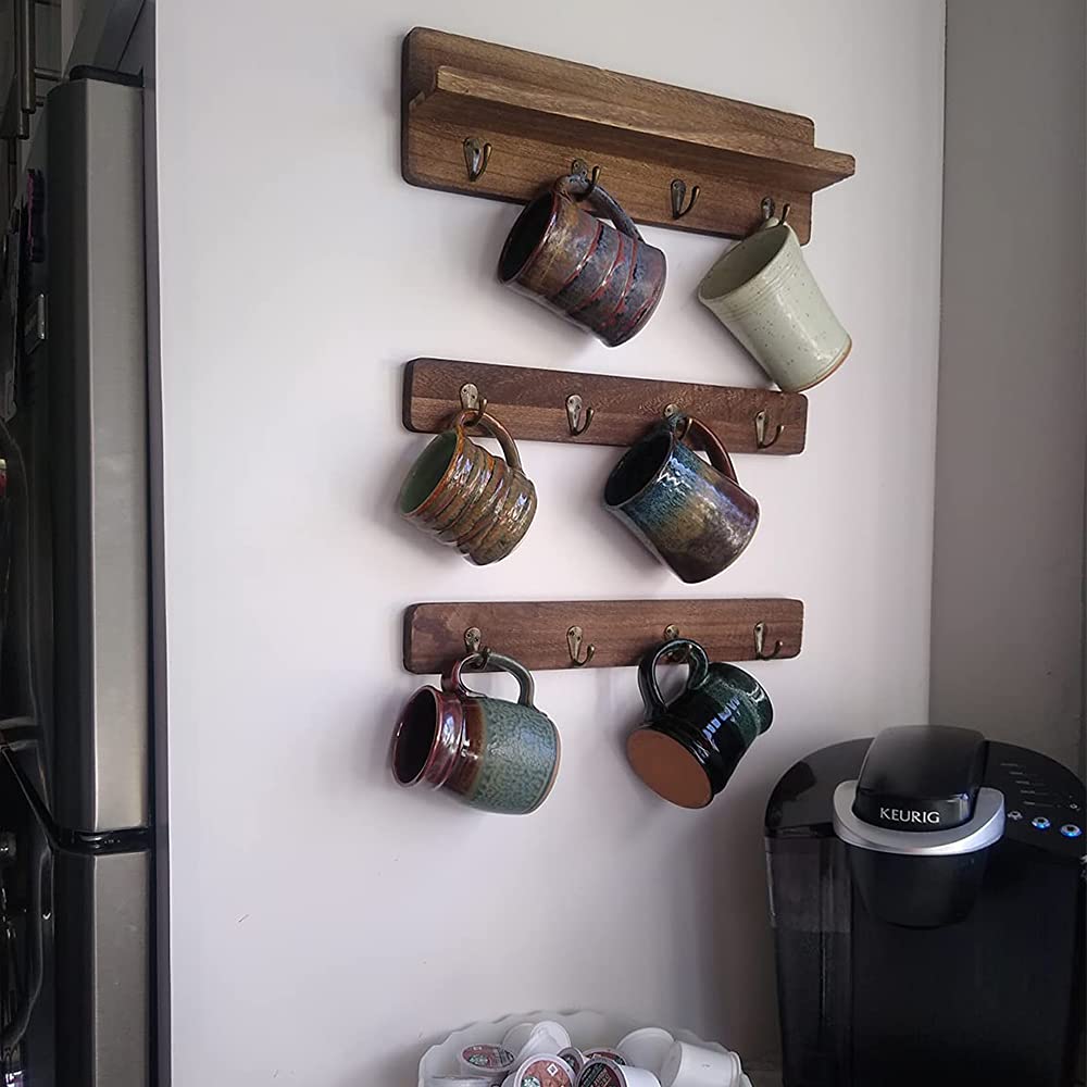 YCOCO Coffee Mug Holder,Rustic Wood Wall Mounted Coffee Mug Rack with 12 Hooks and Storage Shelf,for Coffee Bar Accessories and Decor,Set of 3