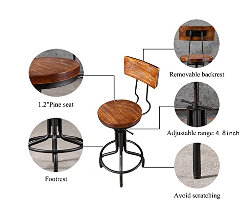 Lisuden Industrial Bar Stools with Backs, Industrial Farmhouse Bar Stools Swivel Stool Counter Kitchen Island with Stools Adjustable 20''-24'' Bar Stools Set of 2
