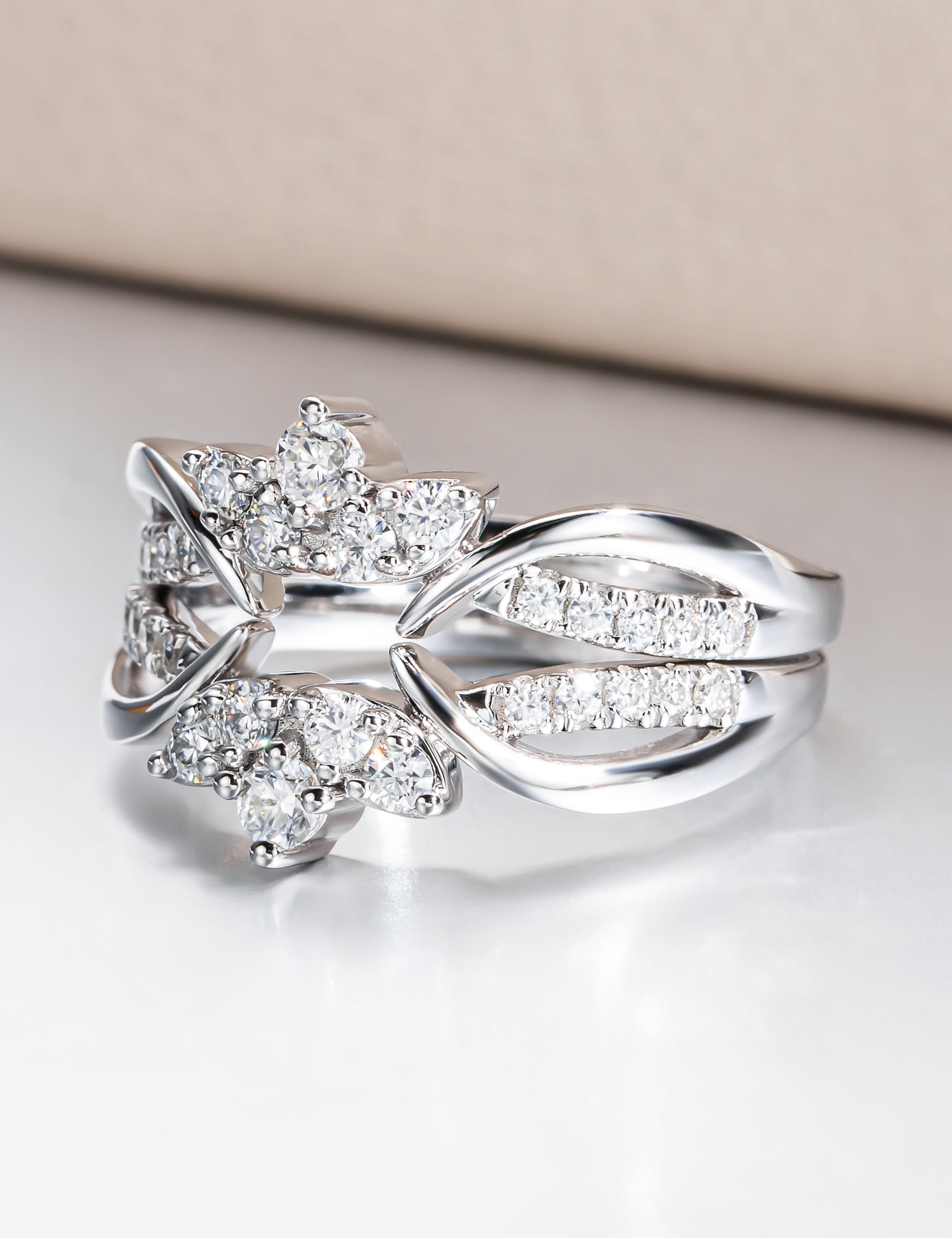 CannyCat Vine Moissanite Ring Enhancers 2 pieces Wrap Guard for Moissanite Engagement Anniversary Ring Platinum-Plated Silver Curved Eternity Wedding Bands for Women Stacking Rings (7)
