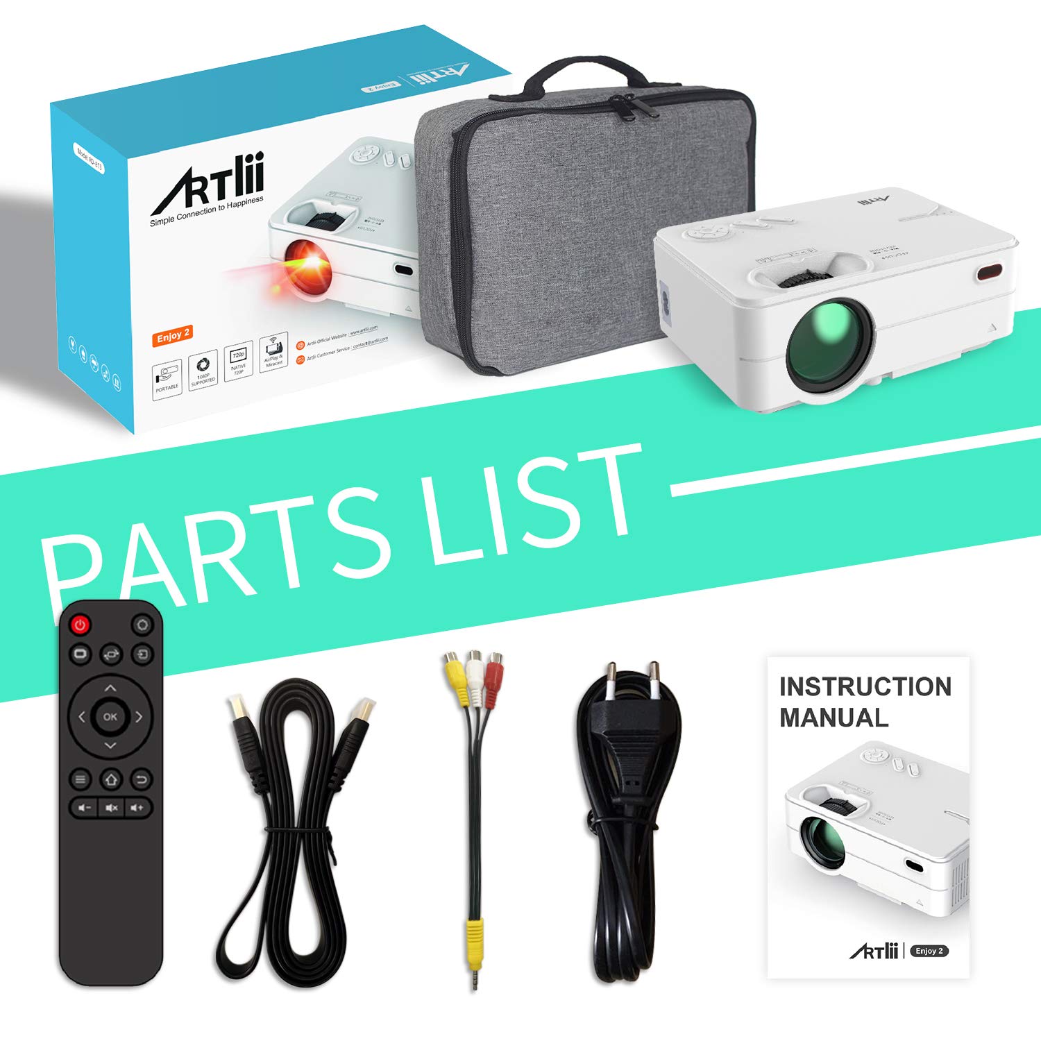 Artlii Enjoy2 Projector with WiFi and Bluetooth, Mini Projector, Portable Projector, Compatible with TV Stick, iOS, Android