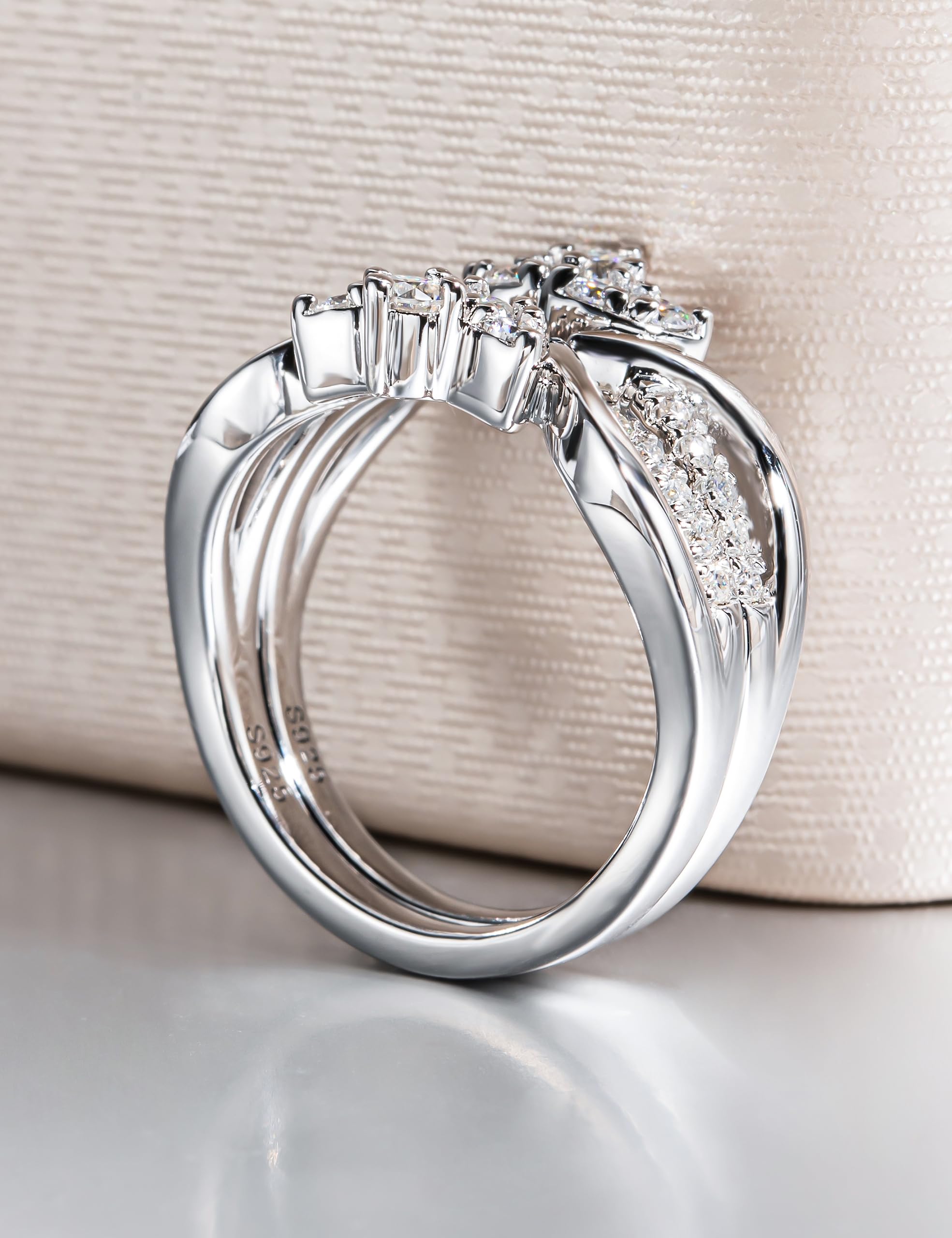 CannyCat Vine Moissanite Ring Enhancers 2 pieces Wrap Guard for Moissanite Engagement Anniversary Ring Platinum-Plated Silver Curved Eternity Wedding Bands for Women Stacking Rings (7)