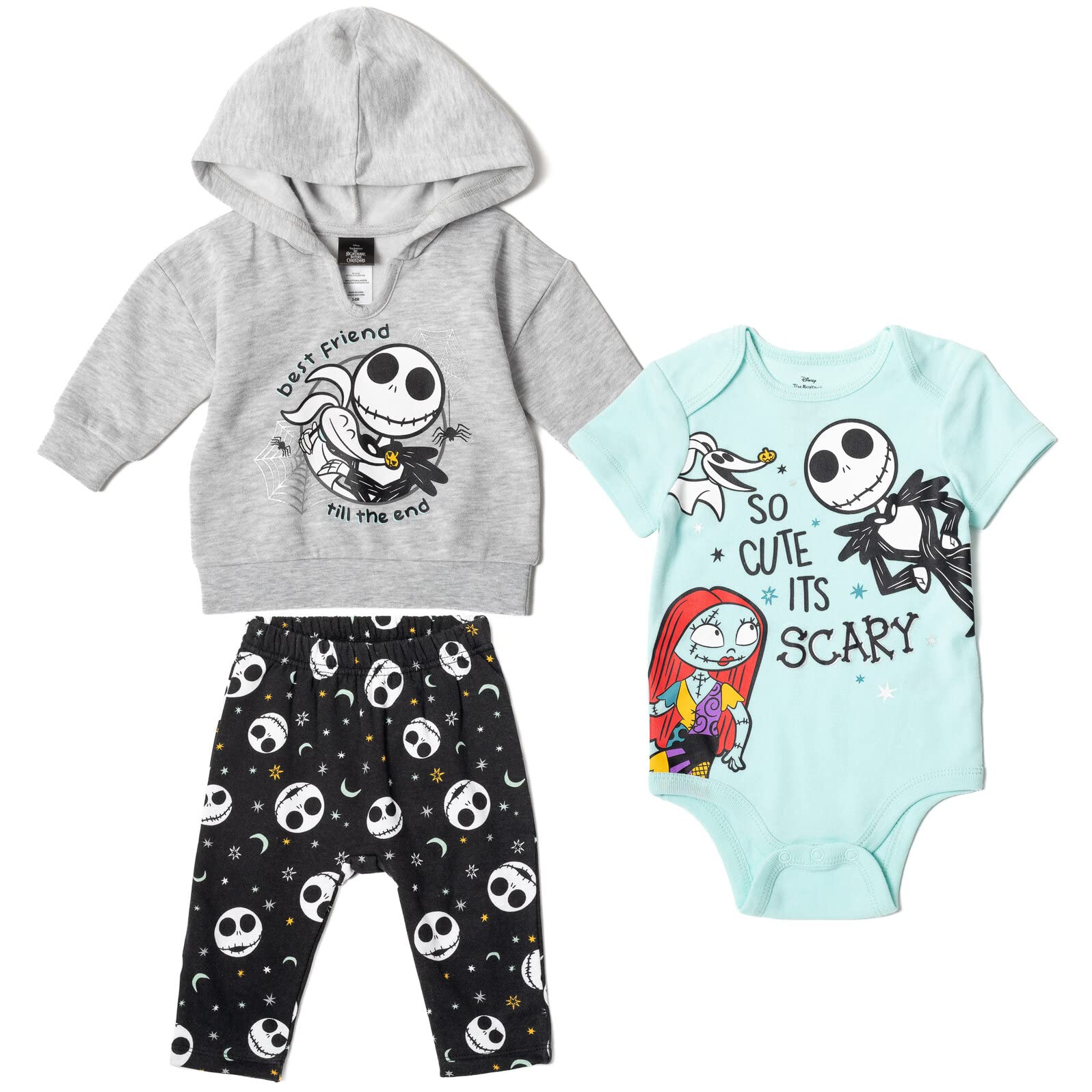 Disney Nightmare Before Christmas Infant Baby Boys or Girls Fleece Hoodie Bodysuit and Pants 3 Piece Outfit Set 18 Months