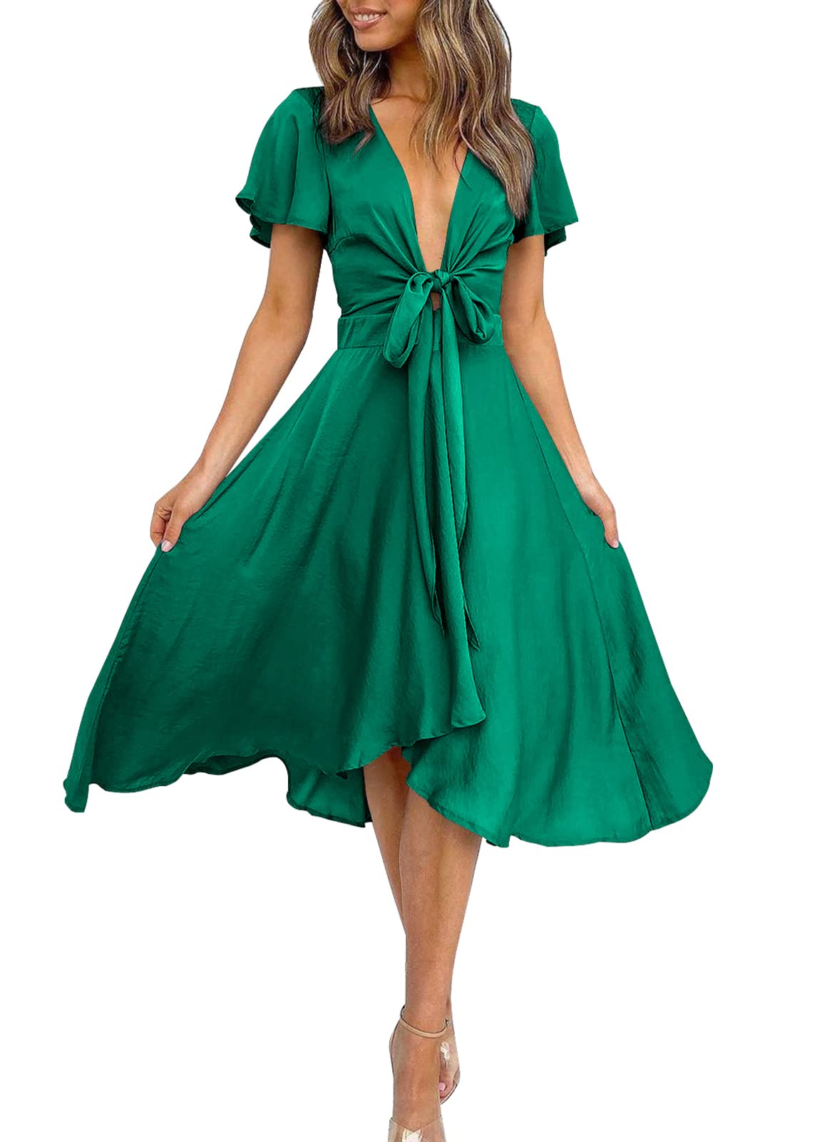 miduo Womens Dresses Satin Summer Loose Wrap Tie Front V Neck Short Sleeve High Waist Skater Swing Cocktail Party Midi Homecoming Dresses Green XXL