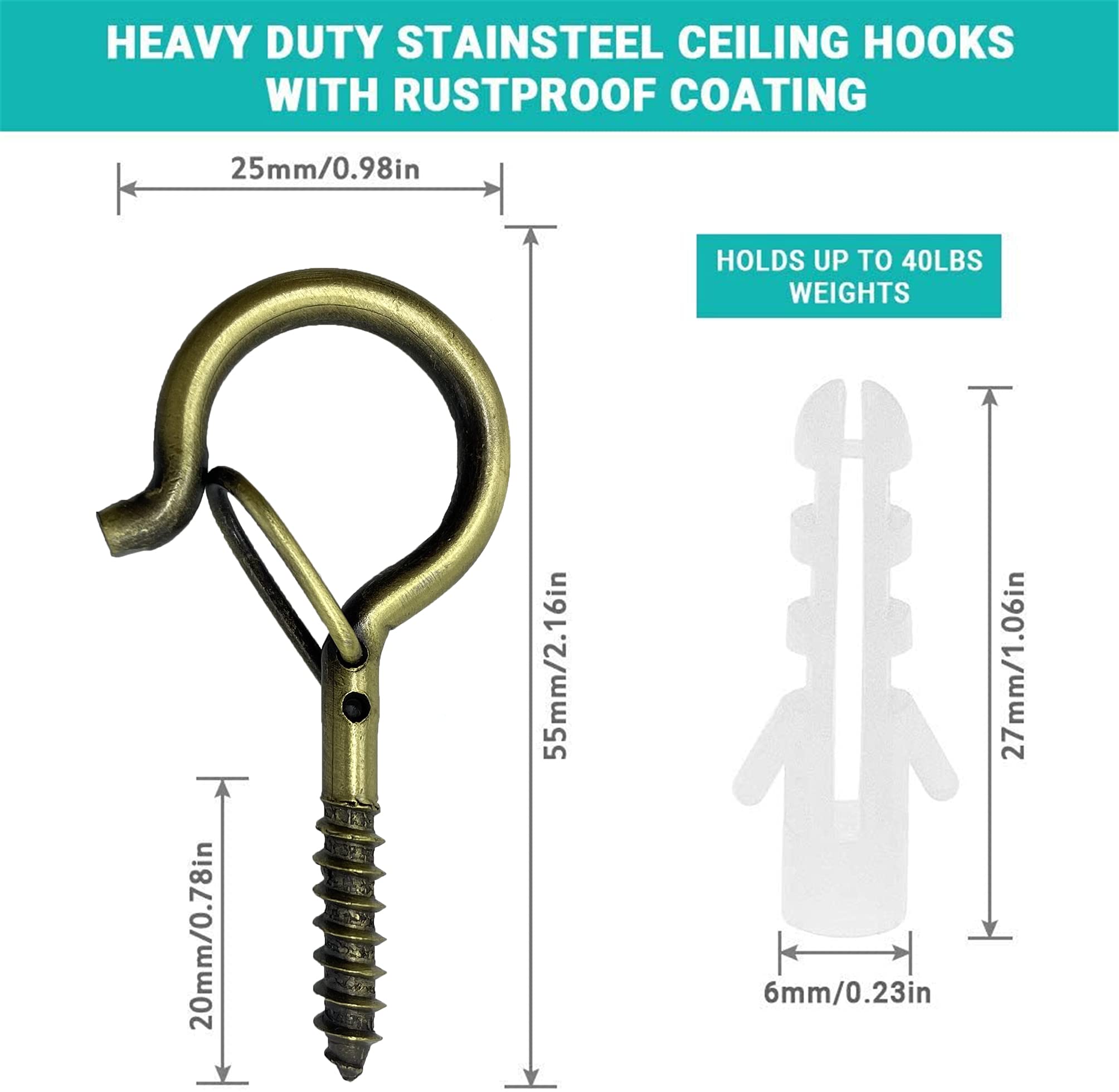 Wasnton 10 Pcs Q-Hanger Screw Hooks with Safety Buckle Design,Wall Mount 2.2 Inch Ceiling Hooks for Hanging Plants Outdoor Wire Fairy Hanger Lights and Party