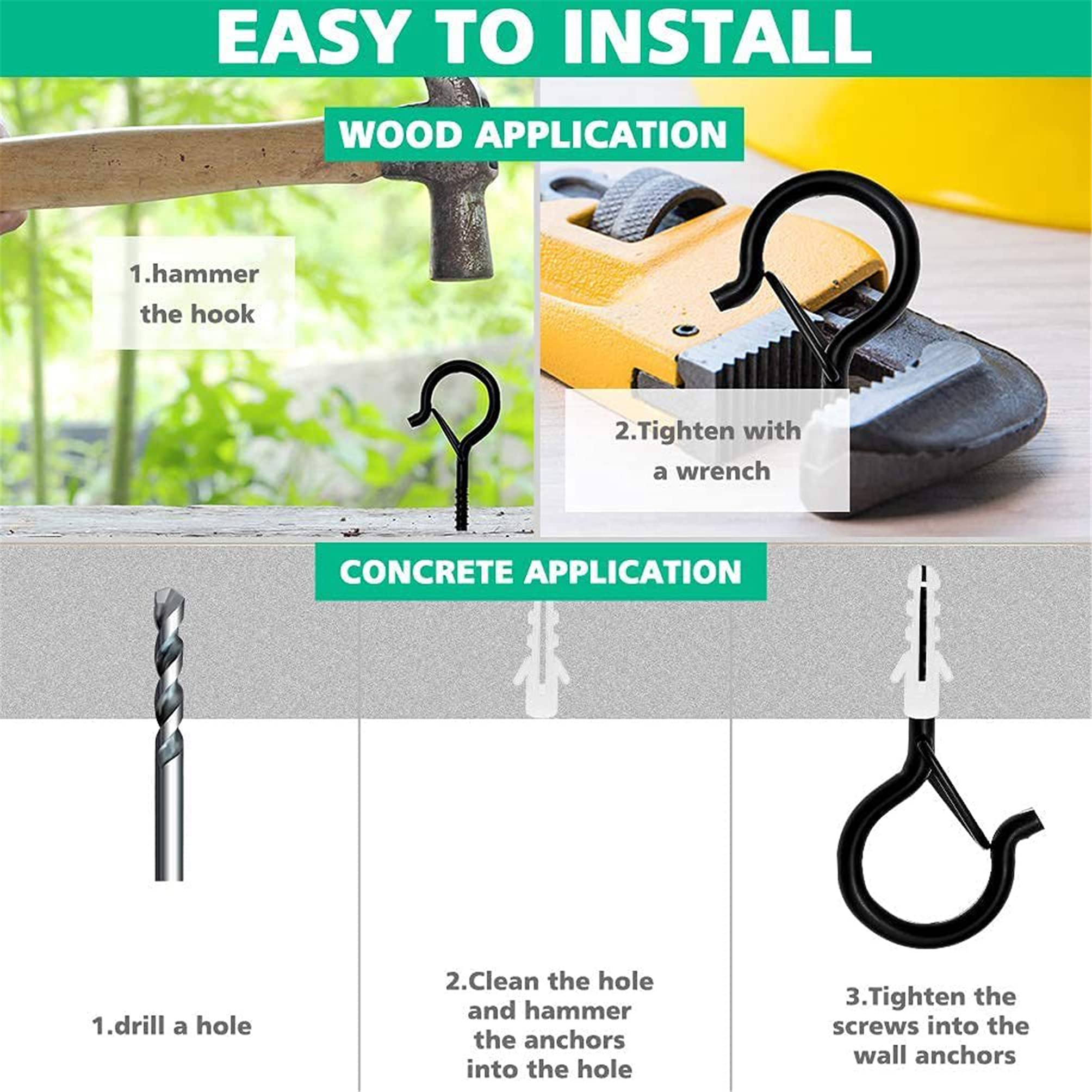 Wasnton 10 Pcs Q-Hanger Screw Hooks with Safety Buckle Design,Wall Mount 2.2 Inch Ceiling Hooks for Hanging Plants Outdoor Wire Fairy Hanger Lights and Party