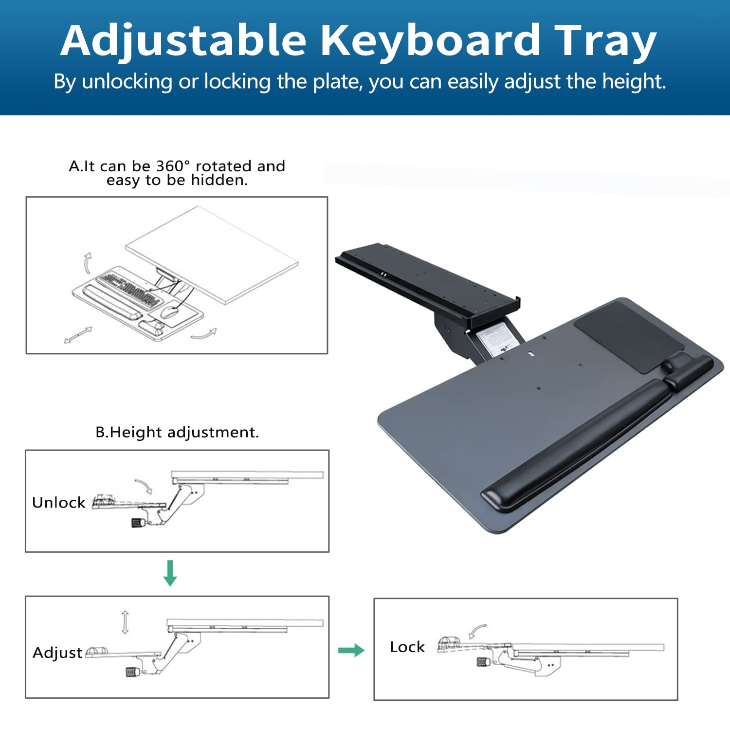 Adjustable Keyboard Tray Ergonomic Design Standard Under Desk Platform Large Space Track CARTMAY