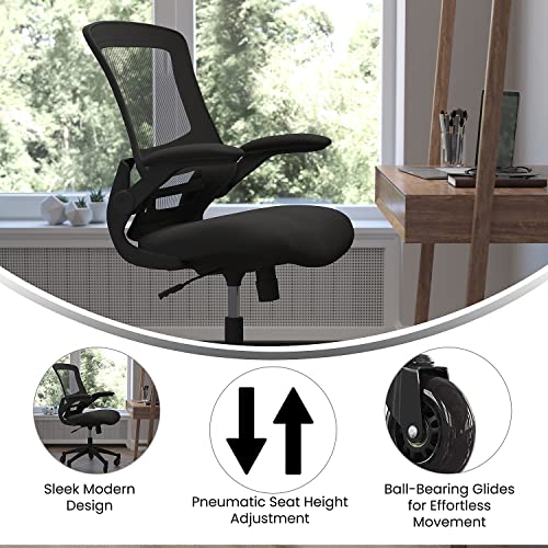 Flash Furniture Kelista Mid-Back Black Mesh Swivel Ergonomic Task Office Chair with Flip-Up Arms and Transparent Roller Wheels, BIFMA Certified