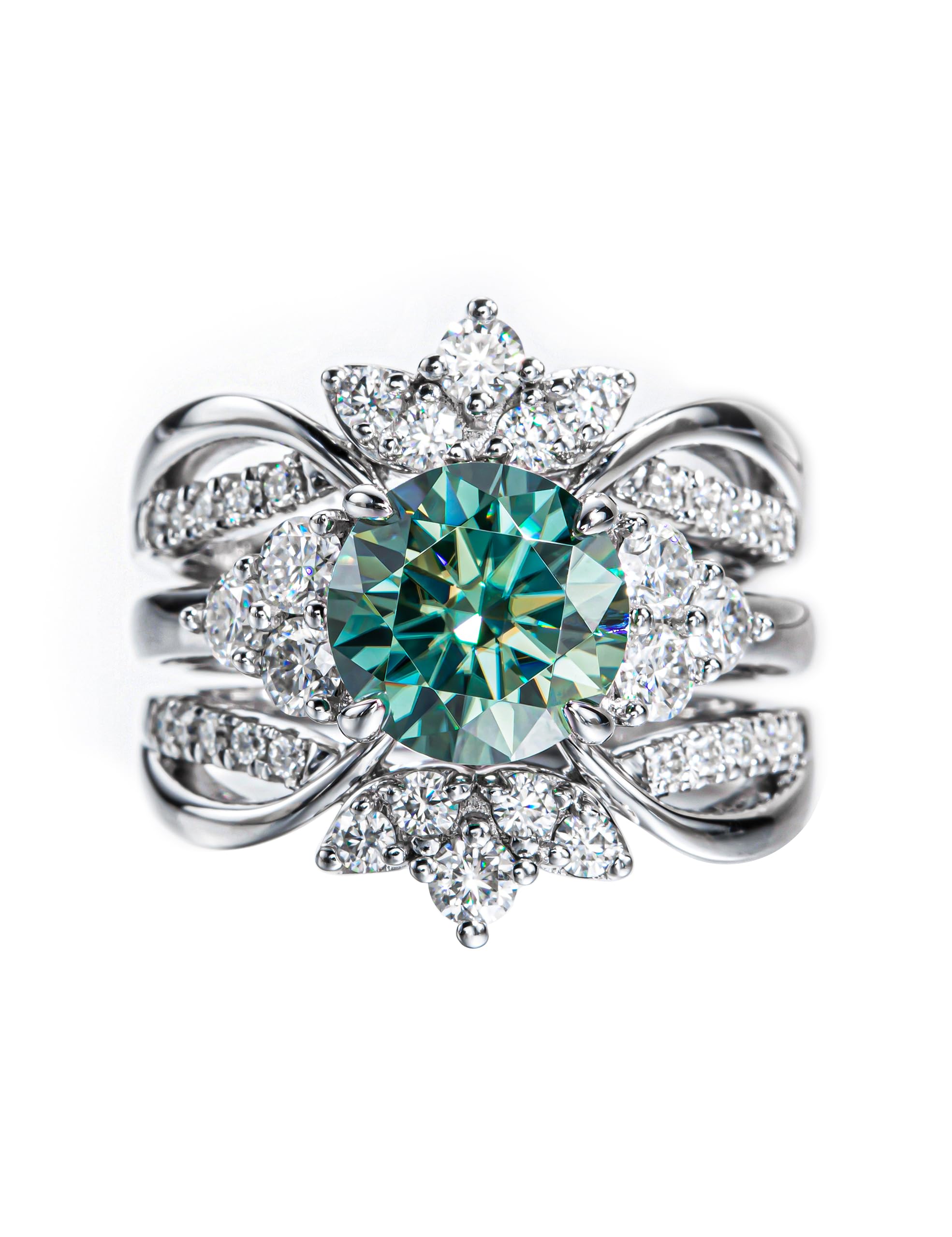CannyCat Fancy Vivid Blue Green Moissanite Wedding Band Ring Set for Women 4.2 cttw Moissanite Engagement Rings Platinum-Plated Sterling Silver Wrap Guard Enhancers Anniversary Bridal Sets (size-8.5)