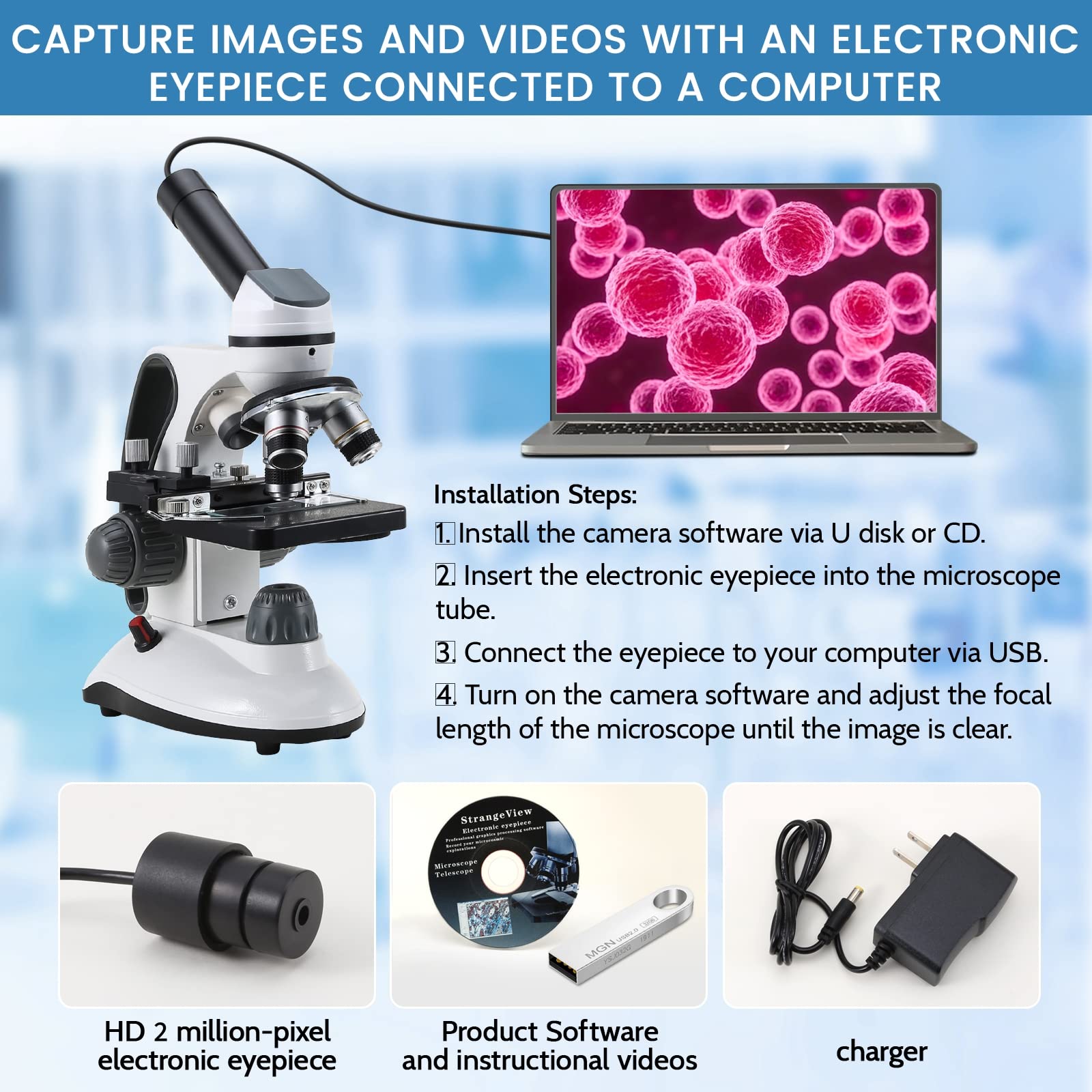 Crspexil 40X-2000X Microscopes for Kids Students Adults, with Microscope Prepared Slides 30p, 2.0 mp Camera, Microscope Accessories, Phone Adapter, Microscopes for School Laboratory Home Education