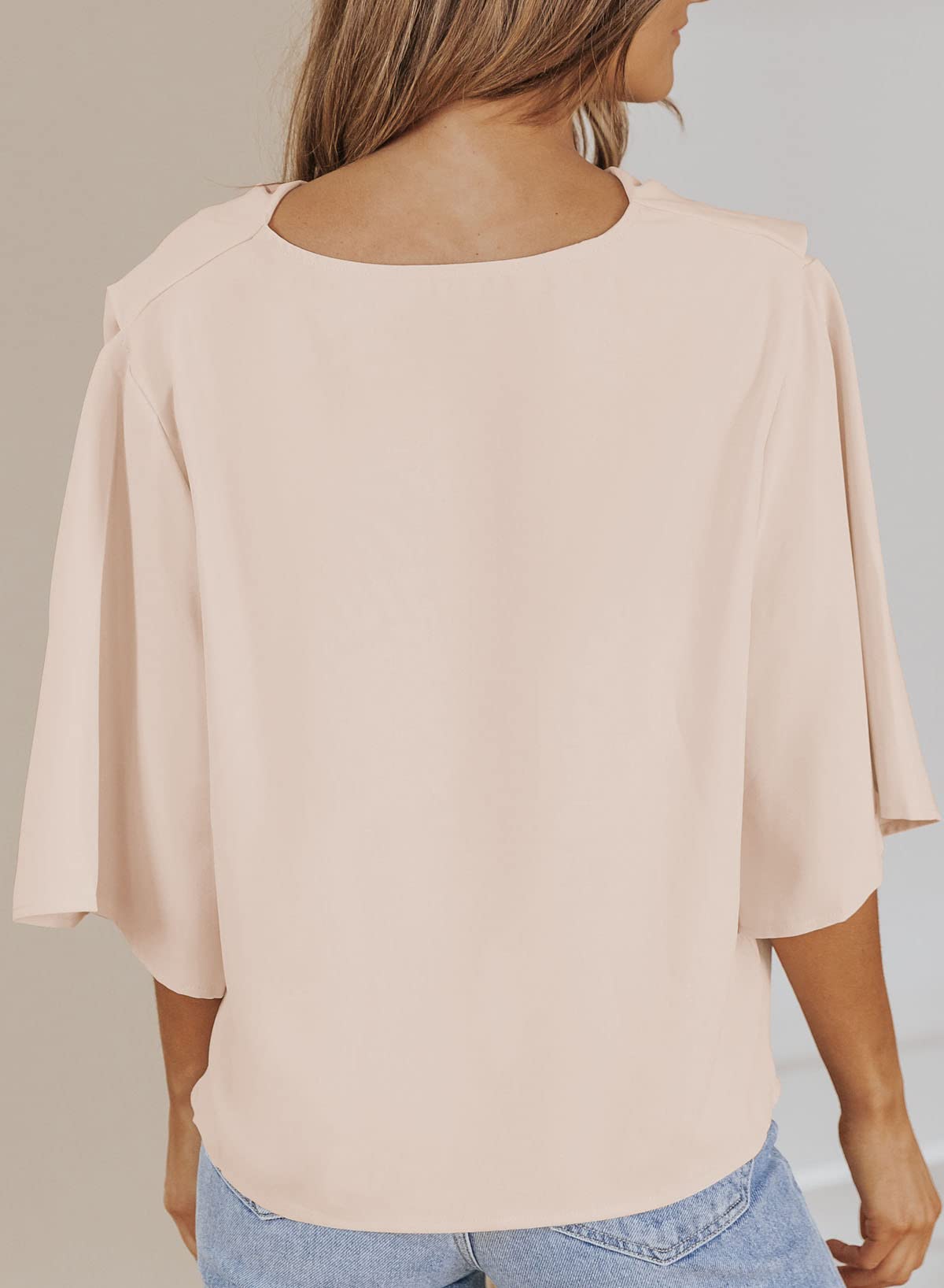 Dokotoo Womens Blouses and Tops Summer Short Sleeve V Neck Solid Color Ladies Wrap Draped Front Business Casual Fashion Chiffon Shirts Dressy Tops for Women Work Spring Clothes 2023 Apricot Medium