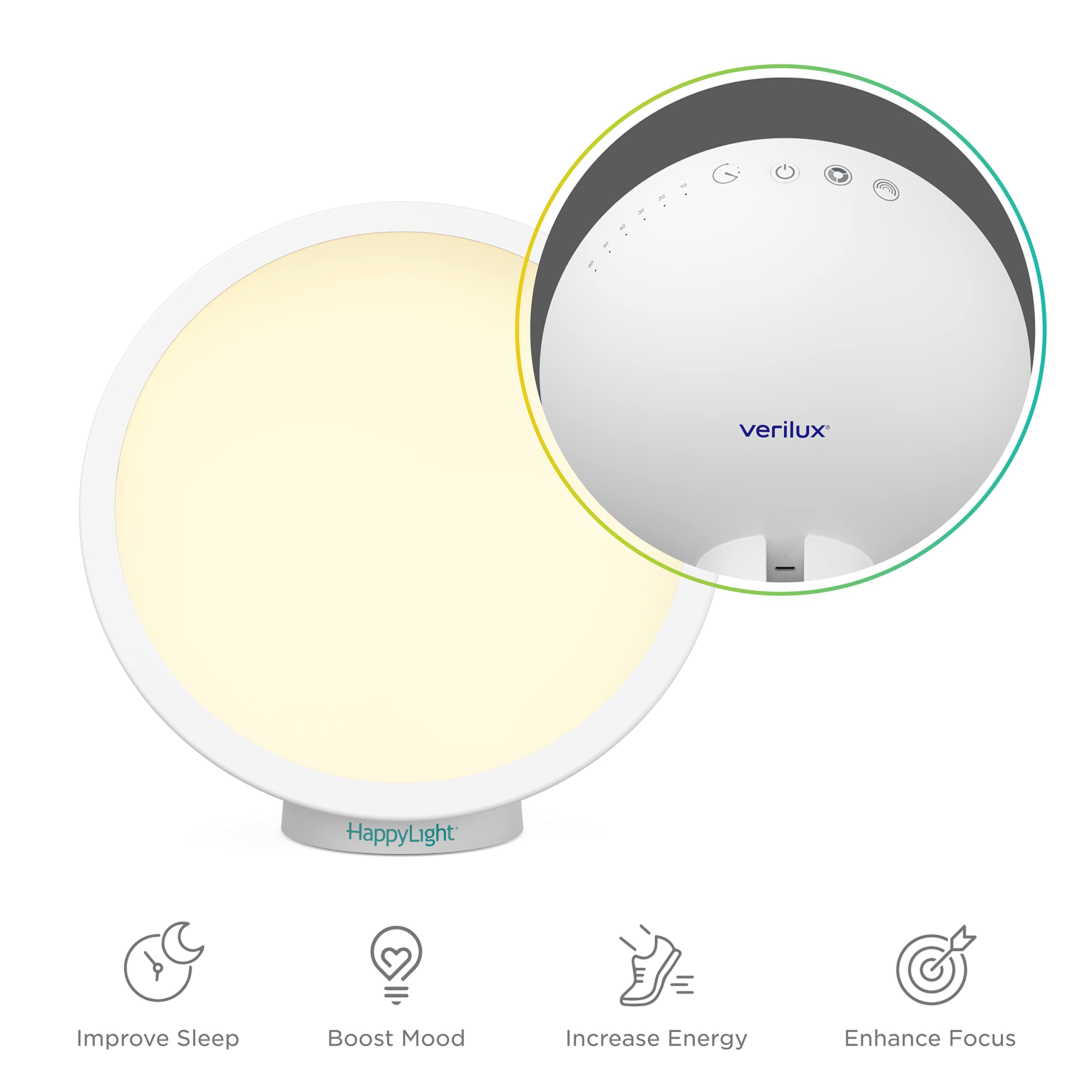 Verilux HappyLight Halo - Cordless LED Light Therapy Lamp with a 360° Magnetic Base & Rechargeable Battery for Portable, UV-Free, Full Spectrum 10,000 LUX Light with Adjustable Brightness and Color