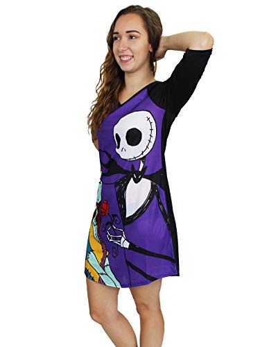 Disney Nightmare Before Christmas Women's 3/4 Sleeve Dorm Nightgown Pajamas (X-Large, Black/Purple)