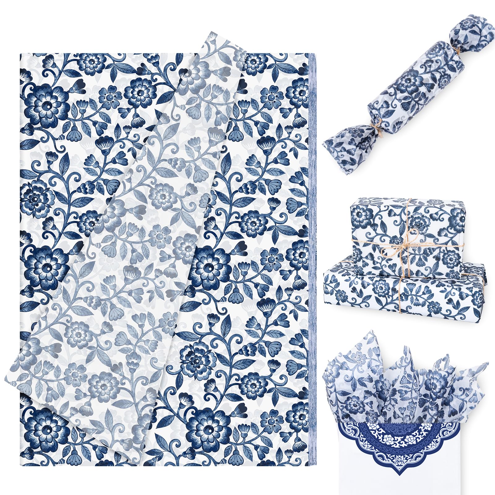Whaline 100 Sheet Vintage Floral Tissue Paper Set Blue Flower Gift Wrapping Paper Retro Chinoiserie Art Craft Tissue for Wedding Birthday Party Decor, 13.7 x 19.6 Inch