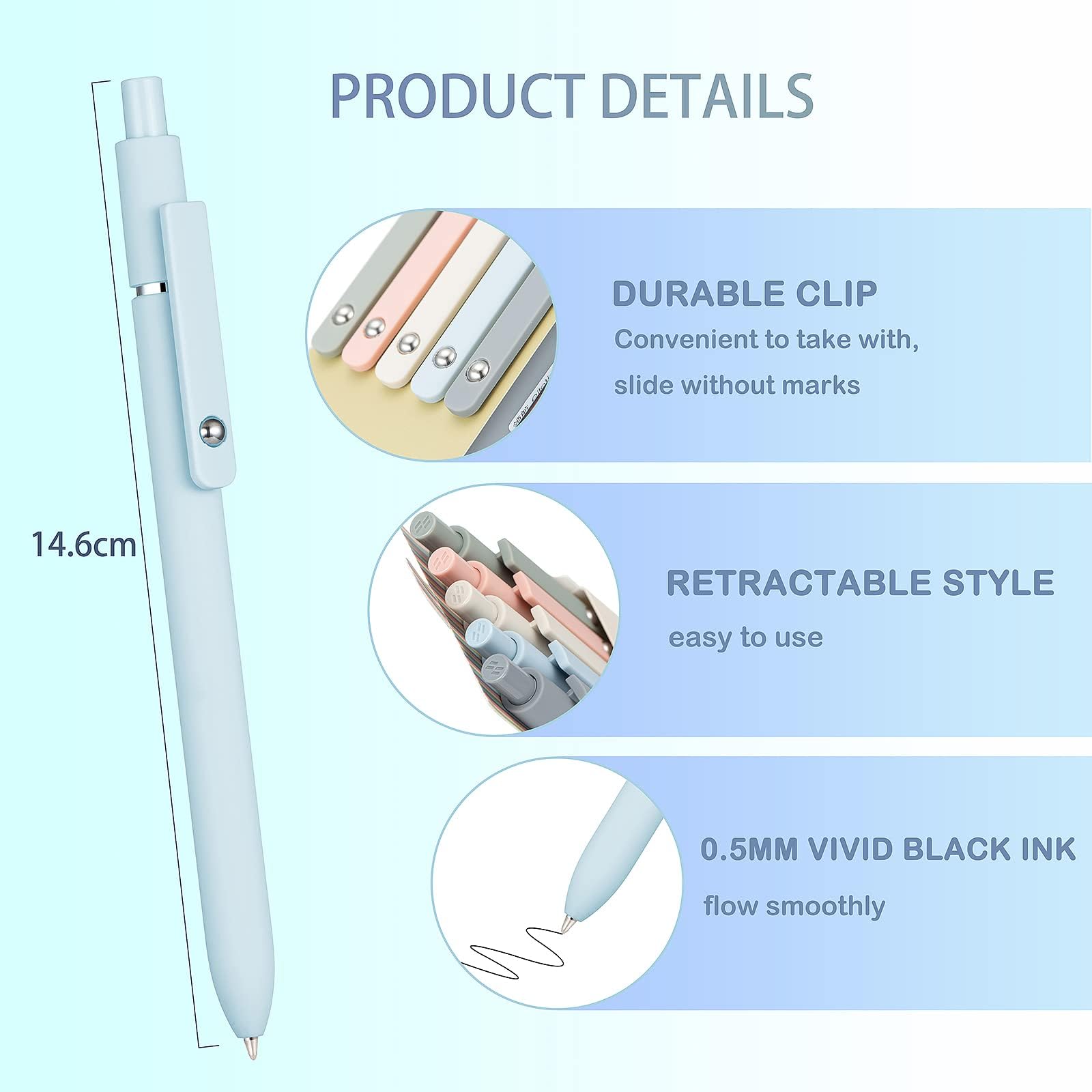 Lanxivi 5PCS Gel Pens Quick Dry Ink Pens Black Refill with 10 Additional Refills 0.5mm Fine Point Premium Retractable Ballpoint Pens