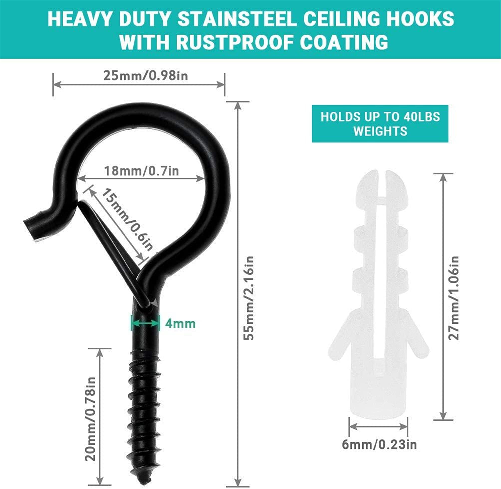 Wasnton 10 Pcs Q-Hanger Screw Hooks with Safety Buckle Design,Wall Mount 2.2 Inch Ceiling Hooks for Hanging Plants Outdoor Wire Fairy Hangers Lights and Party