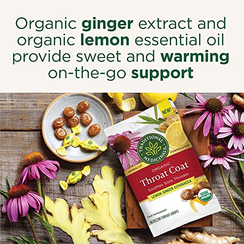 Traditional Medicinals Throat Coat Organic Pectin Throat Drops, Lemon Ginger Echinacea, Soothes Sore Throats, 16ct.