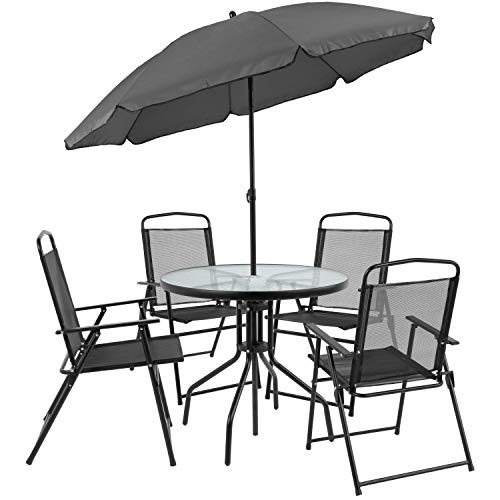 Flash Furniture Nantucket 6 Piece Patio Garden Table Set - Umbrella Table - Set of 4 Black Folding Chairs