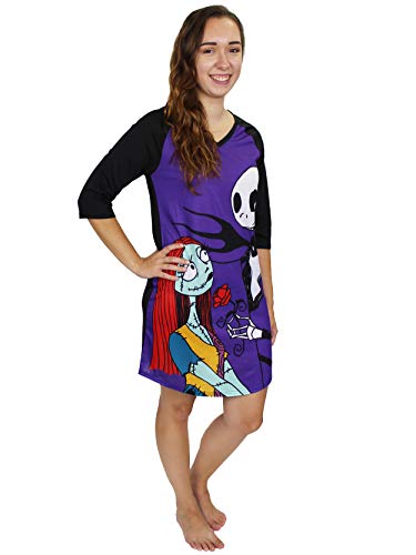 Disney Nightmare Before Christmas Women's 3/4 Sleeve Dorm Nightgown Pajamas (X-Large, Black/Purple)