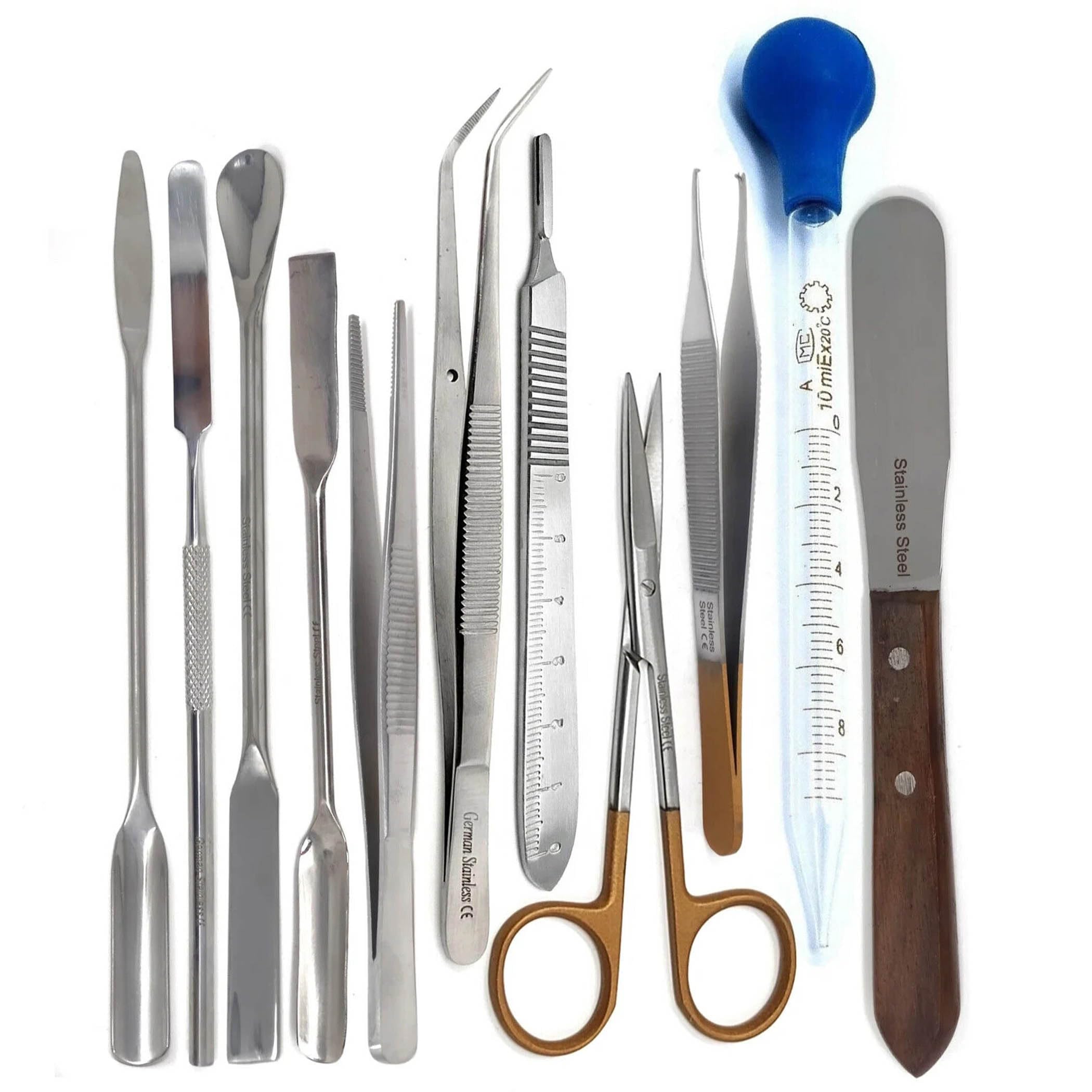 A2Z Scilab 11 Pcs Lab Micro Spatula Scoop Spoon Tweezers Sampler Instrument Kit, Made of Stainless Steel - Multi Purpose Laboratory Sampling Mixing Glass Pipette Set - For Starter Science STEM Lab Kit
