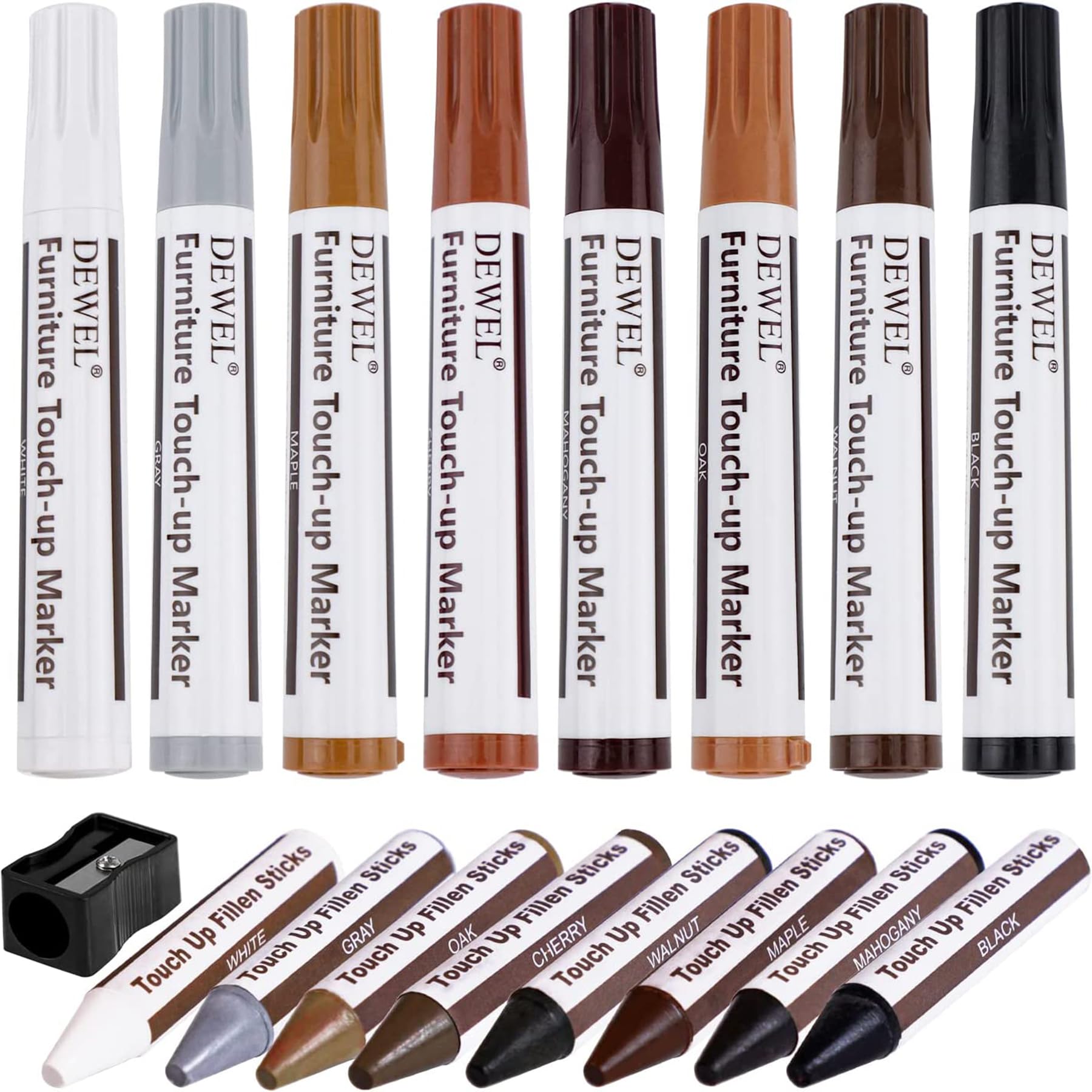 DEWEL Furniture Markers Touch Up, Upgrade Wood Furniture Repair Kit, Premium Wood Scratch Repair Markers and Wax Sticks for Wood Stains Scratches Hardwood Wooden Floor Tables, Set of 17
