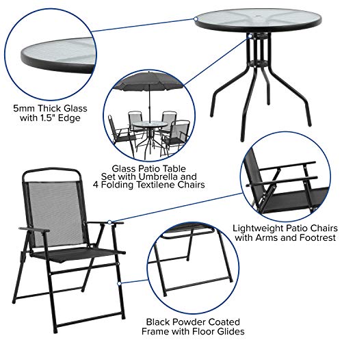 Flash Furniture Nantucket 6 Piece Patio Garden Table Set - Umbrella Table - Set of 4 Black Folding Chairs