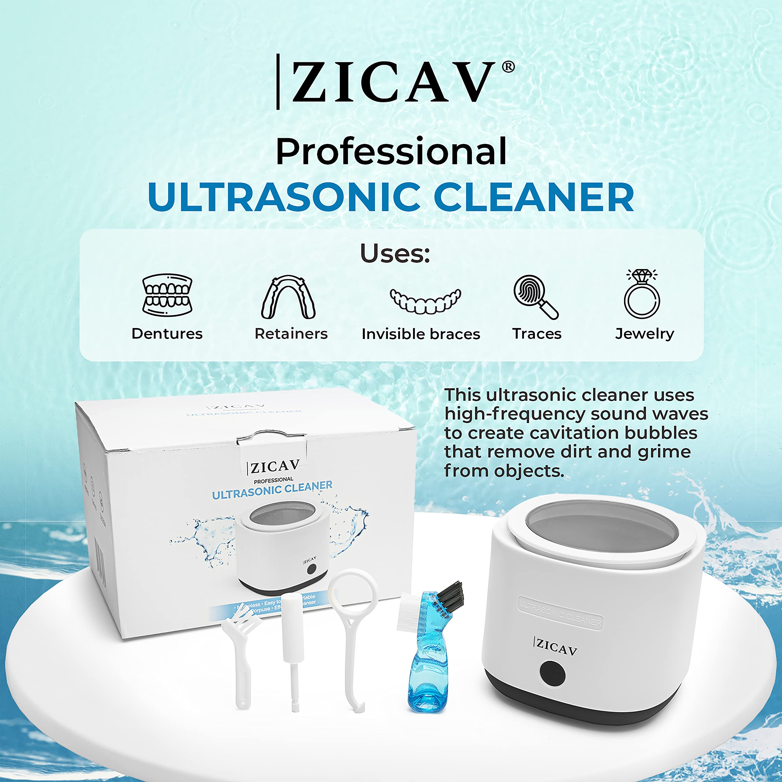 ZICAV Retainer Cleaner Machine - Ultrasonic Jewelry Cleaner - Denture Cleaner Machine, Mouth Guard, Aligner