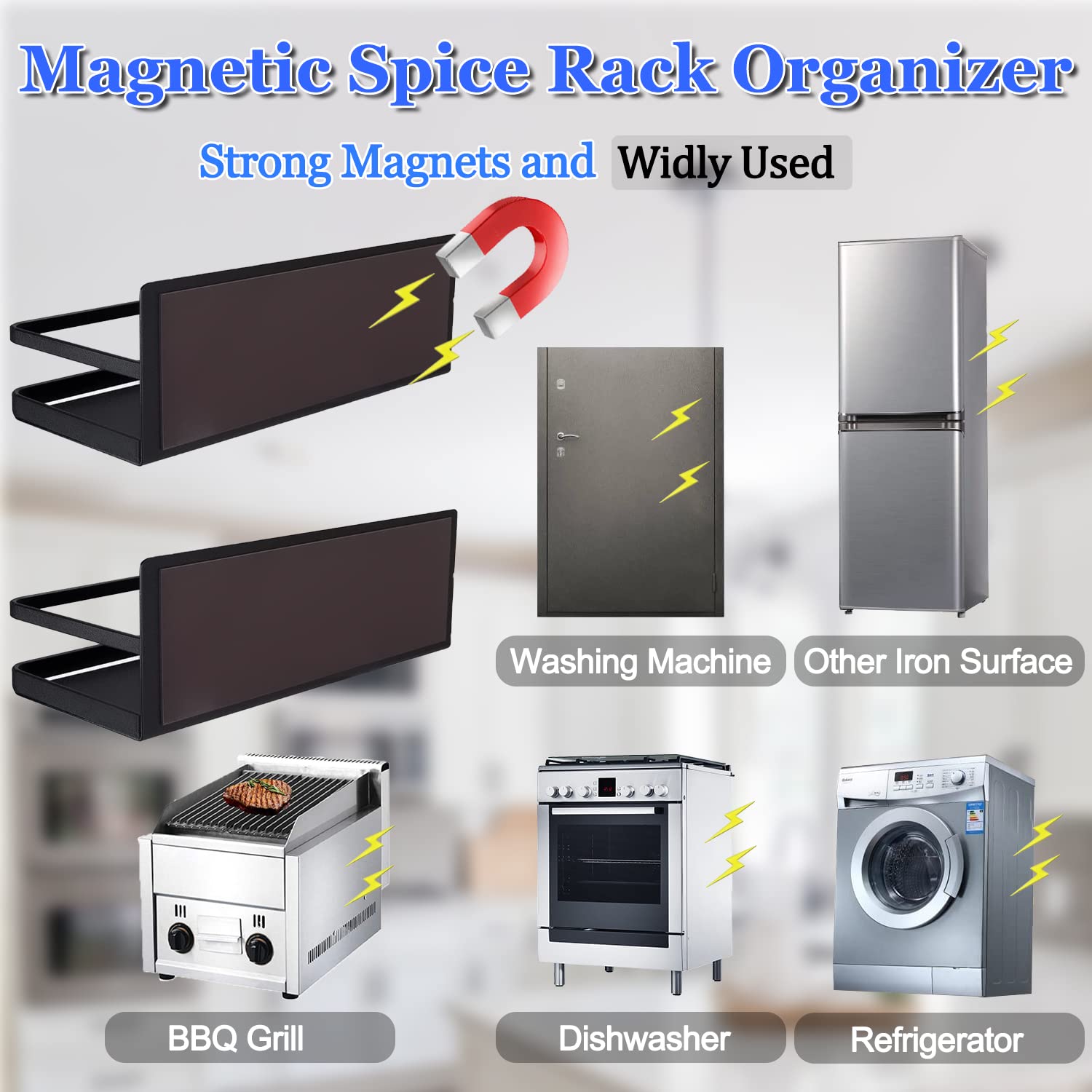 Dr.BeTree Magnetic Spice Rack, Strong Magnetic Shelf Spice Organizer Spice Rack Seasoning Organizer For Kitchen Organizer Magnetic Spice Rack For Refrigerator With 4 Hooks (Black, 2 Pack )