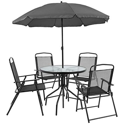 Flash Furniture Nantucket 6 Piece Patio Garden Table Set - Umbrella Table - Set of 4 Black Folding Chairs
