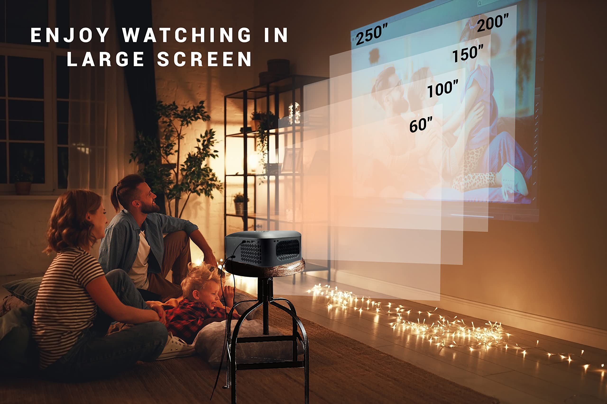 FUSION5 Native 1080p Projector with WiFi and Bluetooth - Support 4K 250" Display Projector - 7000 Lumens Portable Movie Projector with Speakers - USB, HDMI, Android, iOS, TV Stick Compatible