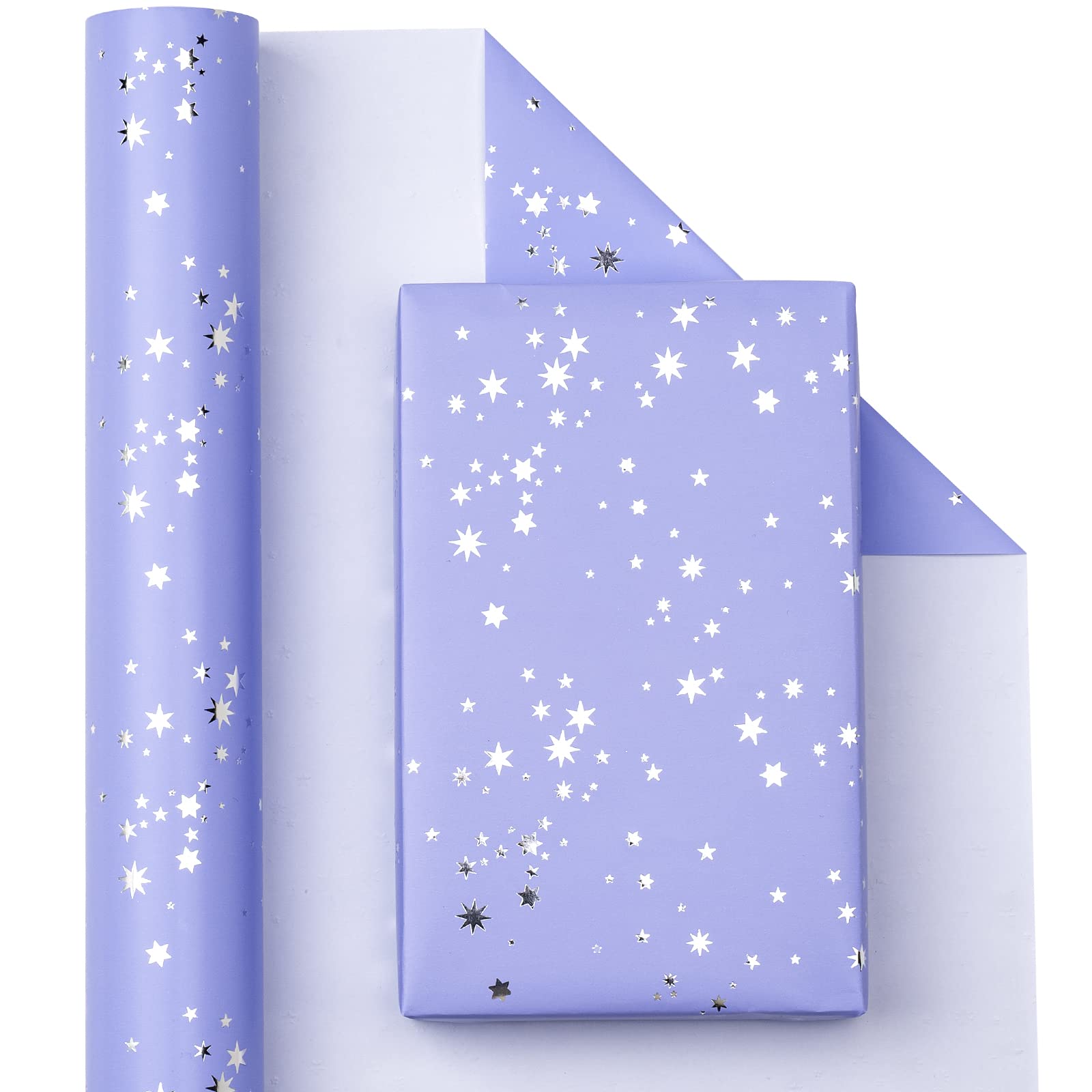 WRAPAHOLIC Wrapping Paper Roll - Mini Roll - 17 Inch X 33 Feet - Stars with Silver Foil Design, Perfect for Wedding, Birthday, Holiday, Baby Shower