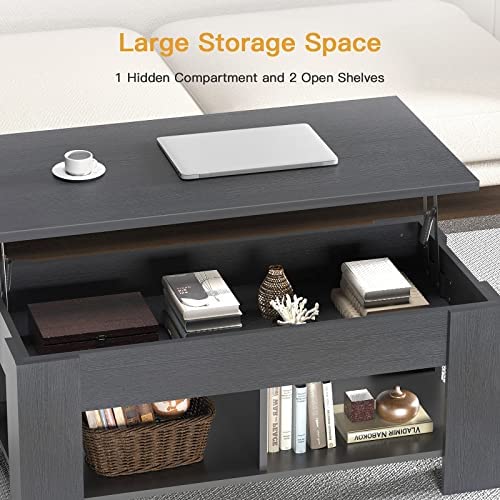 NOBLEWELL Coffee Table Lift Top with Storage Compartment and Separated Open Shelves, Pop Up Coffee Table for Living Room, 39.4in L, Black