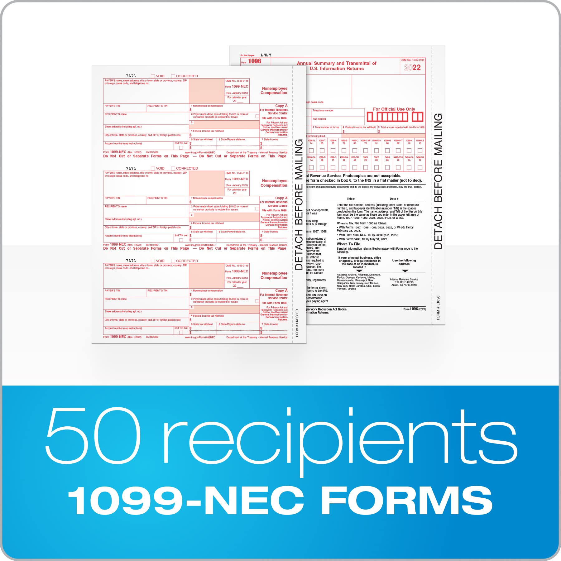 TOPS 1099 NEC 3 Up Forms 2022, 5 Part 1099 Forms, Laser/Inkjet Tax Form Sets for 50 Recipients, Includes 3 1096 Forms, 50 Pack (TX22993NEC-22)